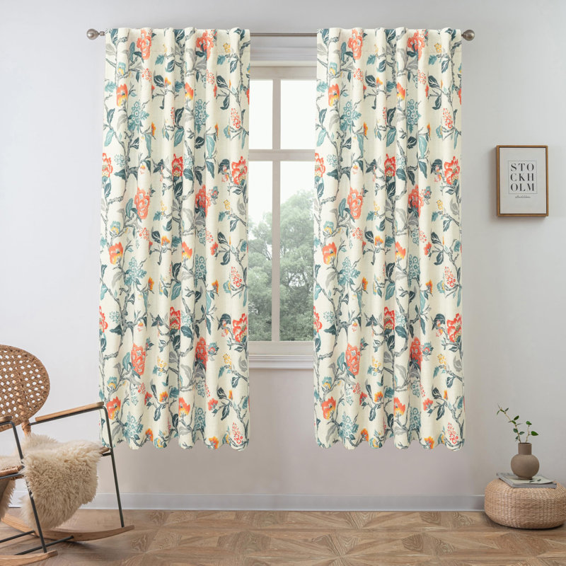 Lark Manor™ Lark Manor 100% Blackout Linen Floral Patterned Curtains Double Layer Drape Rod ...